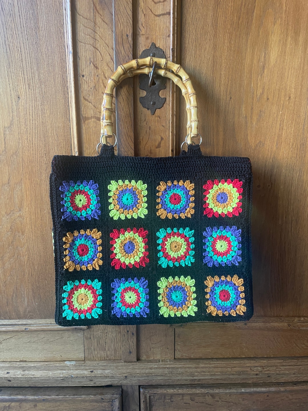 Crochet Bag Granny Squares, Handbag, Shoulder Bag, Colorful Bag, Bamboo ...