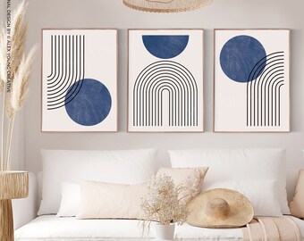 Mid Century Modern Geometric Art Set of 3 Prints, Beige and Navy Blue ...