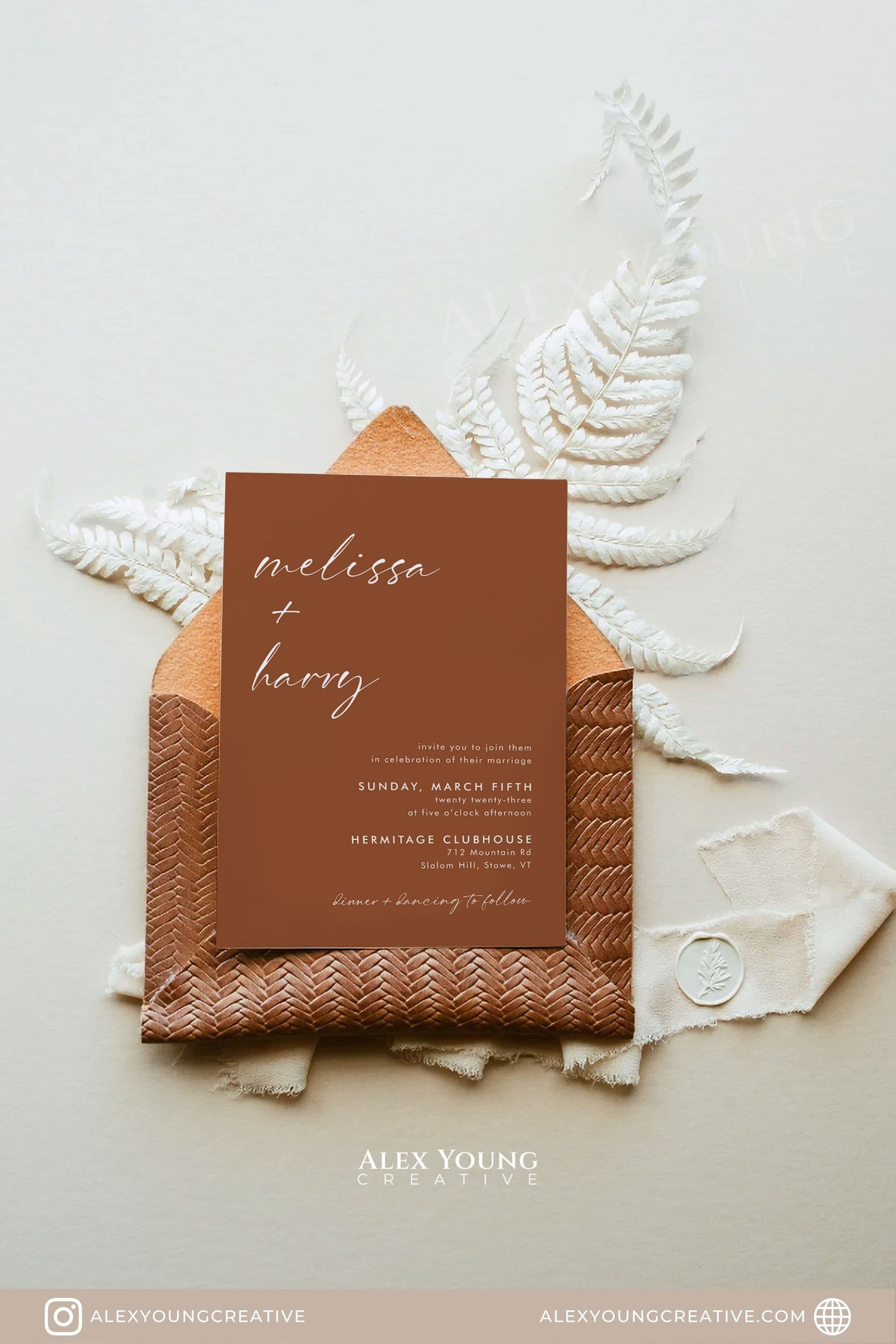 Boho Terracotta Wedding Invitation Template, Minimalist Burnt Orange ...