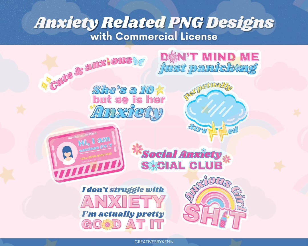 Cute Anxiety Stickers, Funny PNG Set, Printable Mental Health Quotes, T ...