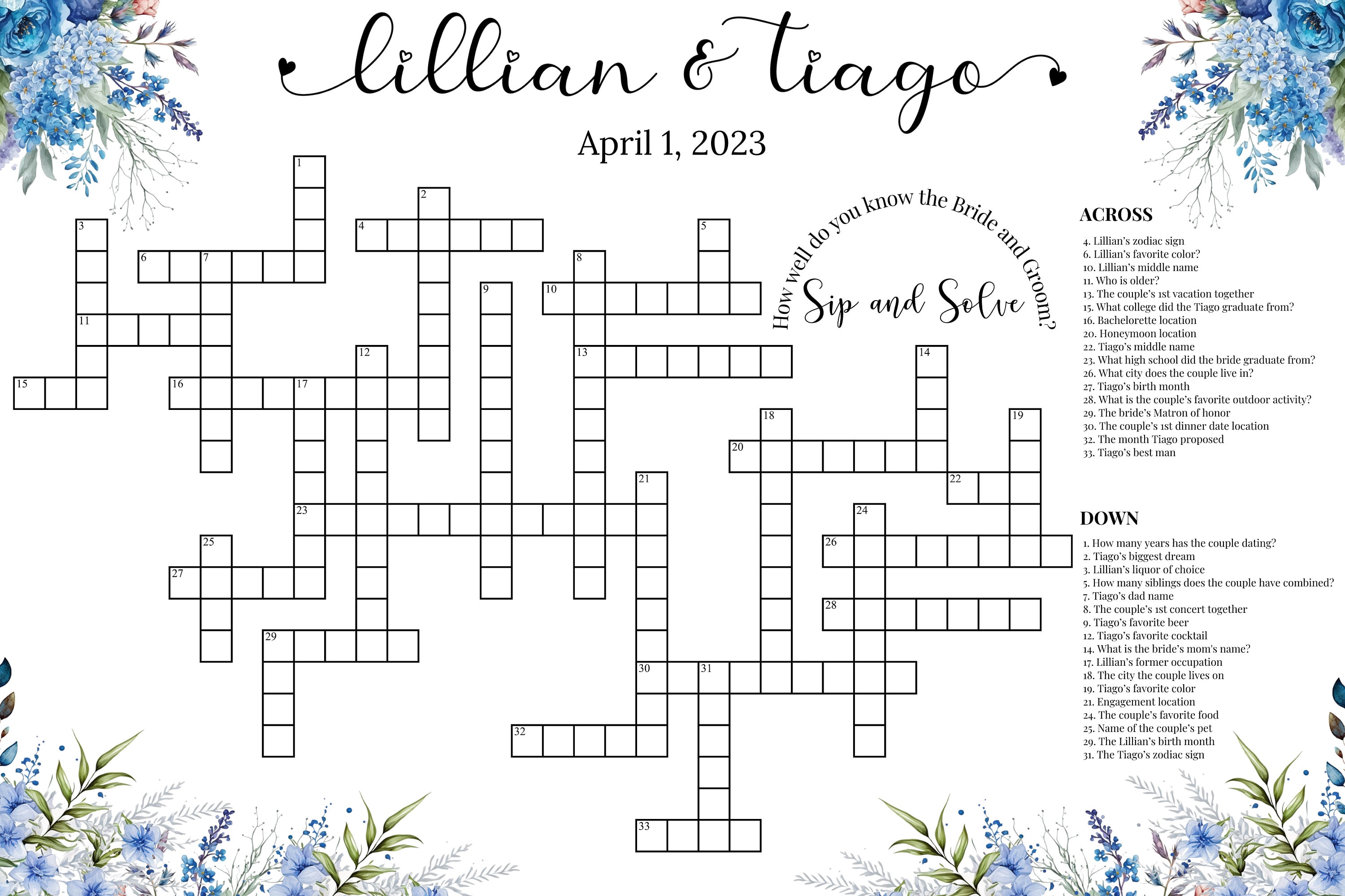 Custom Crossword Puzzle Giant Crossword Puzzle Sip & Solve - Etsy