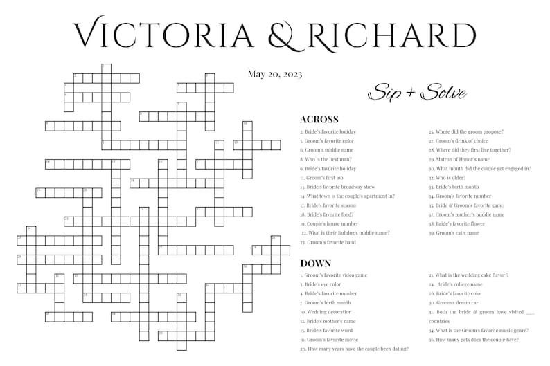 Custom Wedding Crossword Puzzle: Sip & Solve, Boho Minimalist (digital ...