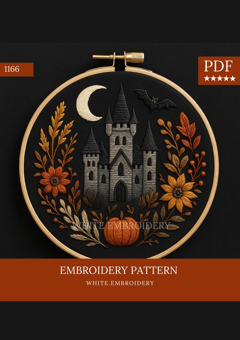 Halloween Castle Hand Embroidery Pattern (PDF) | 3–8″ Hoop Sizes ...