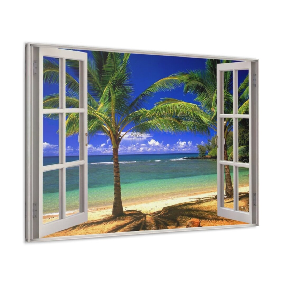 Open Window Canvas Wrap, Exotic Wall Art, Window Home Decor, Palm Trees ...