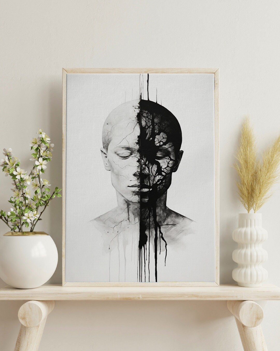 Abstract Face Art Monochrome Portrait, Split Face Canvas Minimalist Art ...