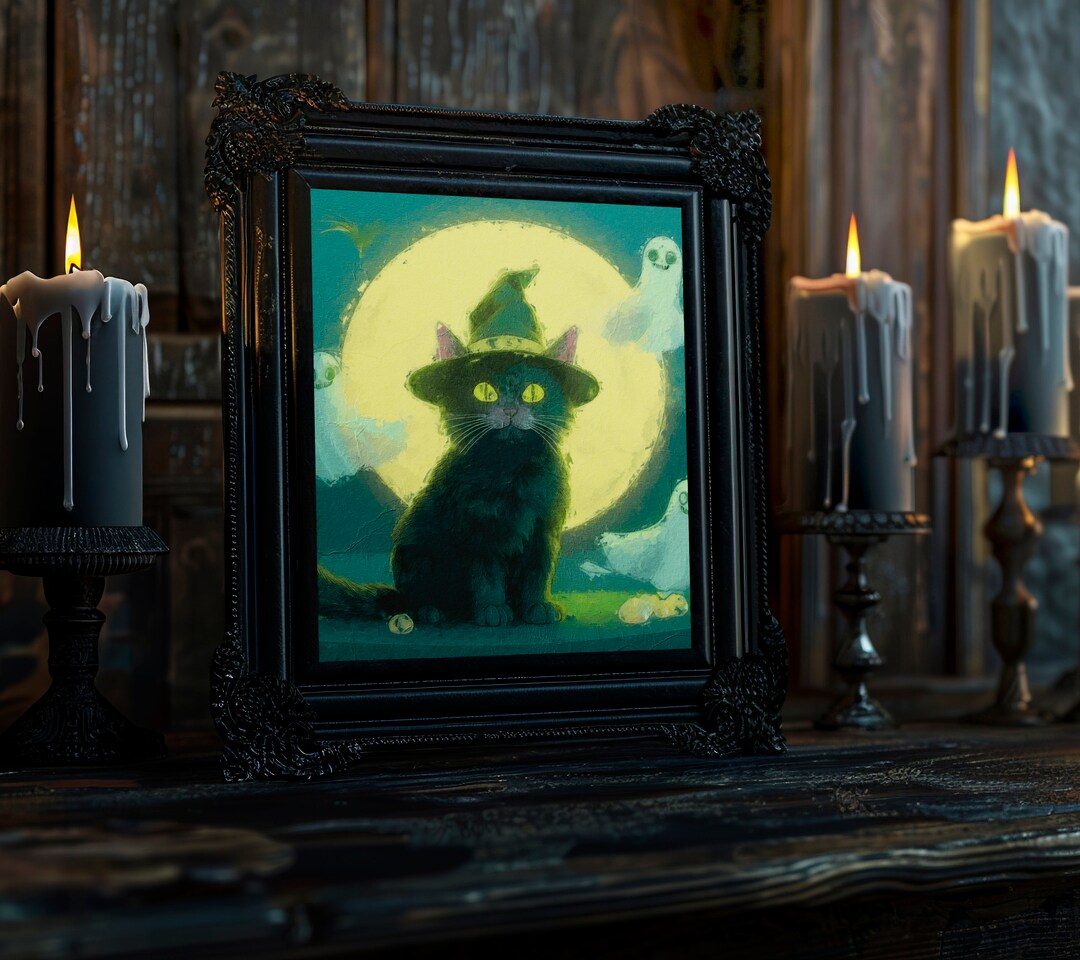 Digital Cute Black Cat Halloween Art, Spooky Black Cat Canvas Wall Art ...