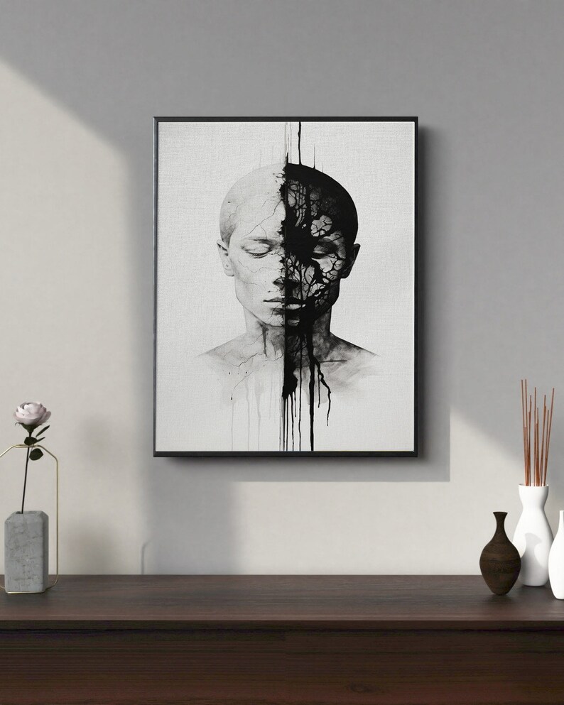 Abstract Face Art Monochrome Portrait, Split Face Canvas Minimalist Art ...