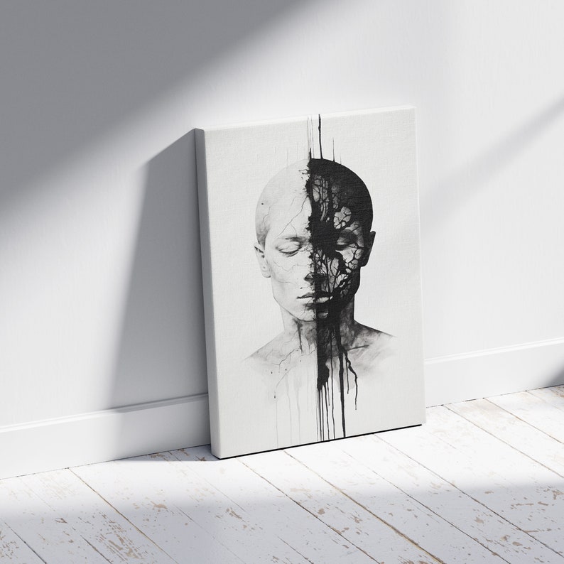 Abstract Face Art Monochrome Portrait, Split Face Canvas Minimalist Art ...