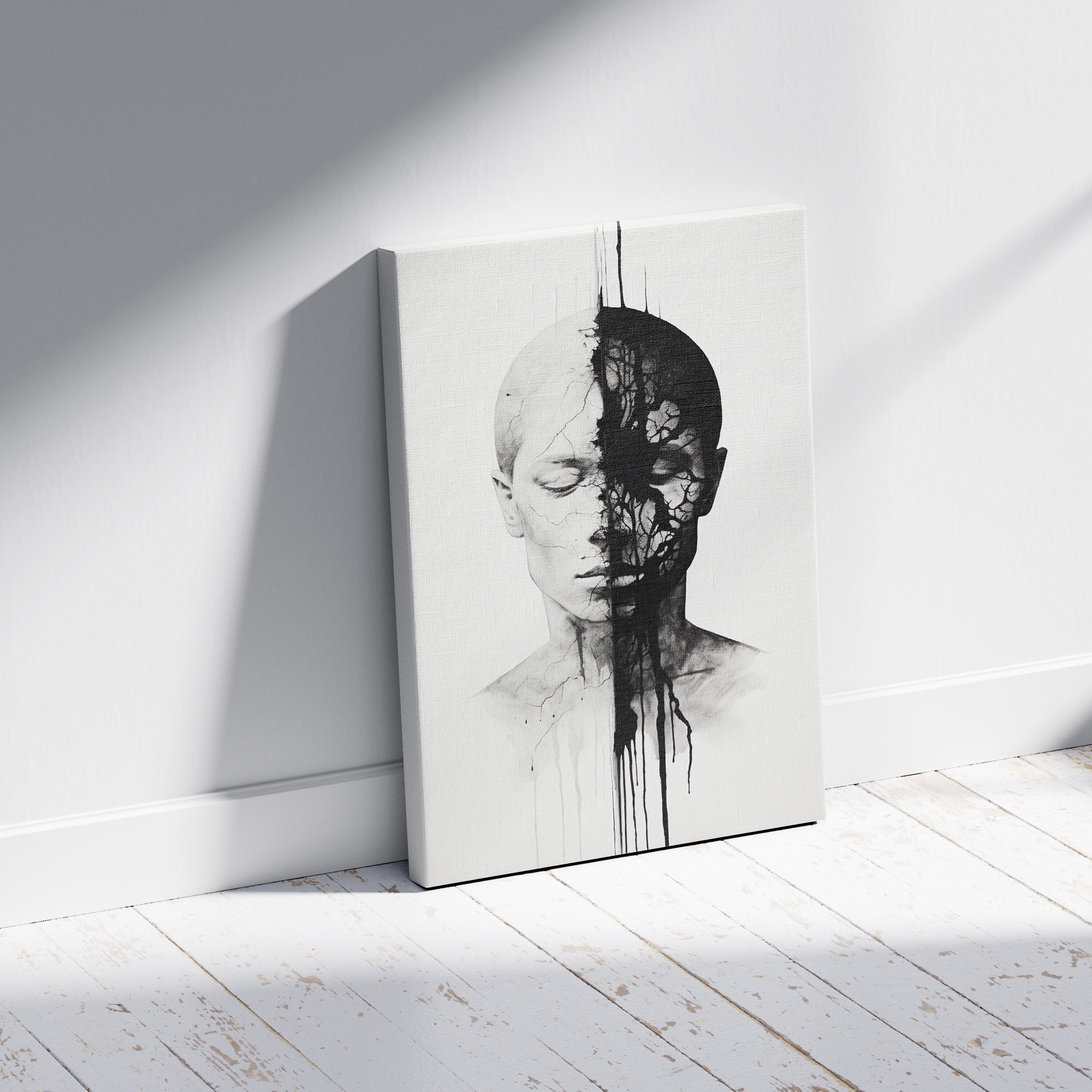 Abstract Face Art Monochrome Portrait, Split Face Canvas Minimalist Art ...
