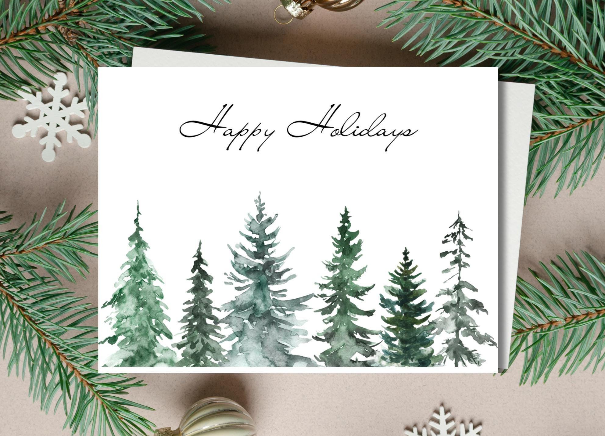 Watercolor Pine Tree Holiday Cards, Christmas Card Set, Holiday ...