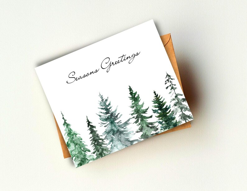 Watercolor Pine Tree Holiday Cards, Christmas Card Set, Holiday ...