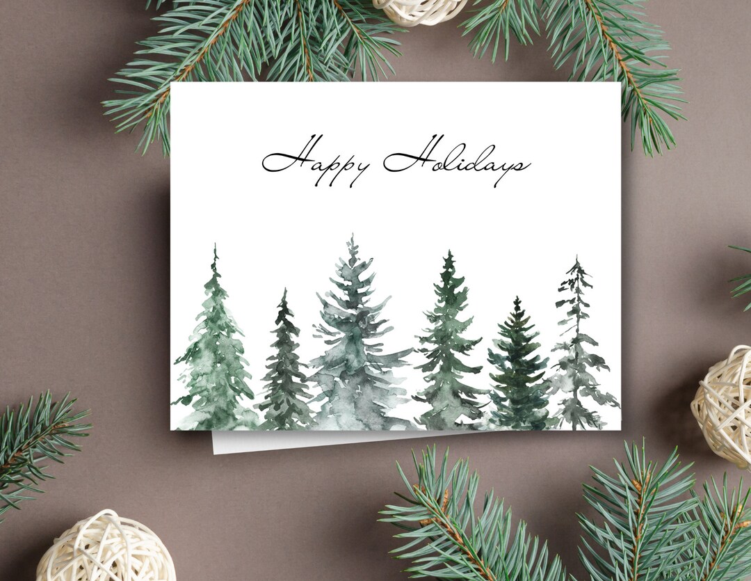 Watercolor Pine Tree Holiday Cards, Christmas Card Set, Holiday ...
