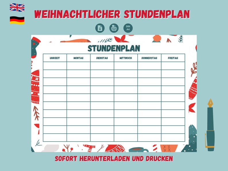 Christmas Timetable German Instant Download Print A4 PDF Children ...