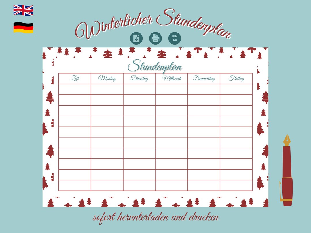 Winter Timetable German Instant Download Print A4 PDF Children - Etsy