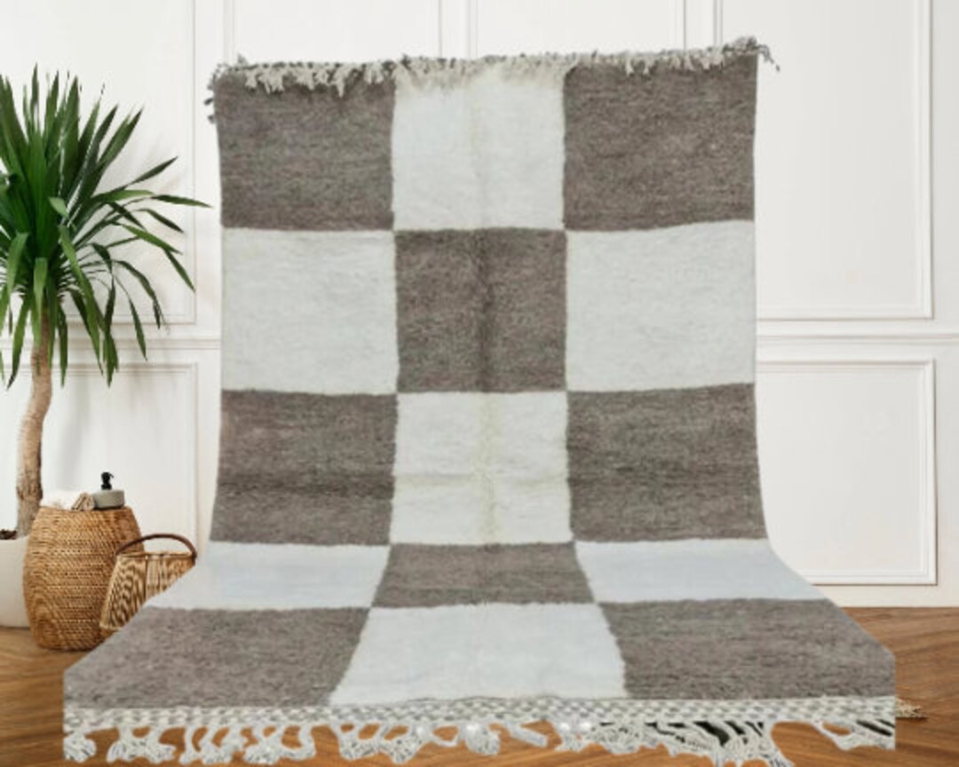 Large Brown and White Checkered Rug, Moroccan Berber Checkered Rug ...