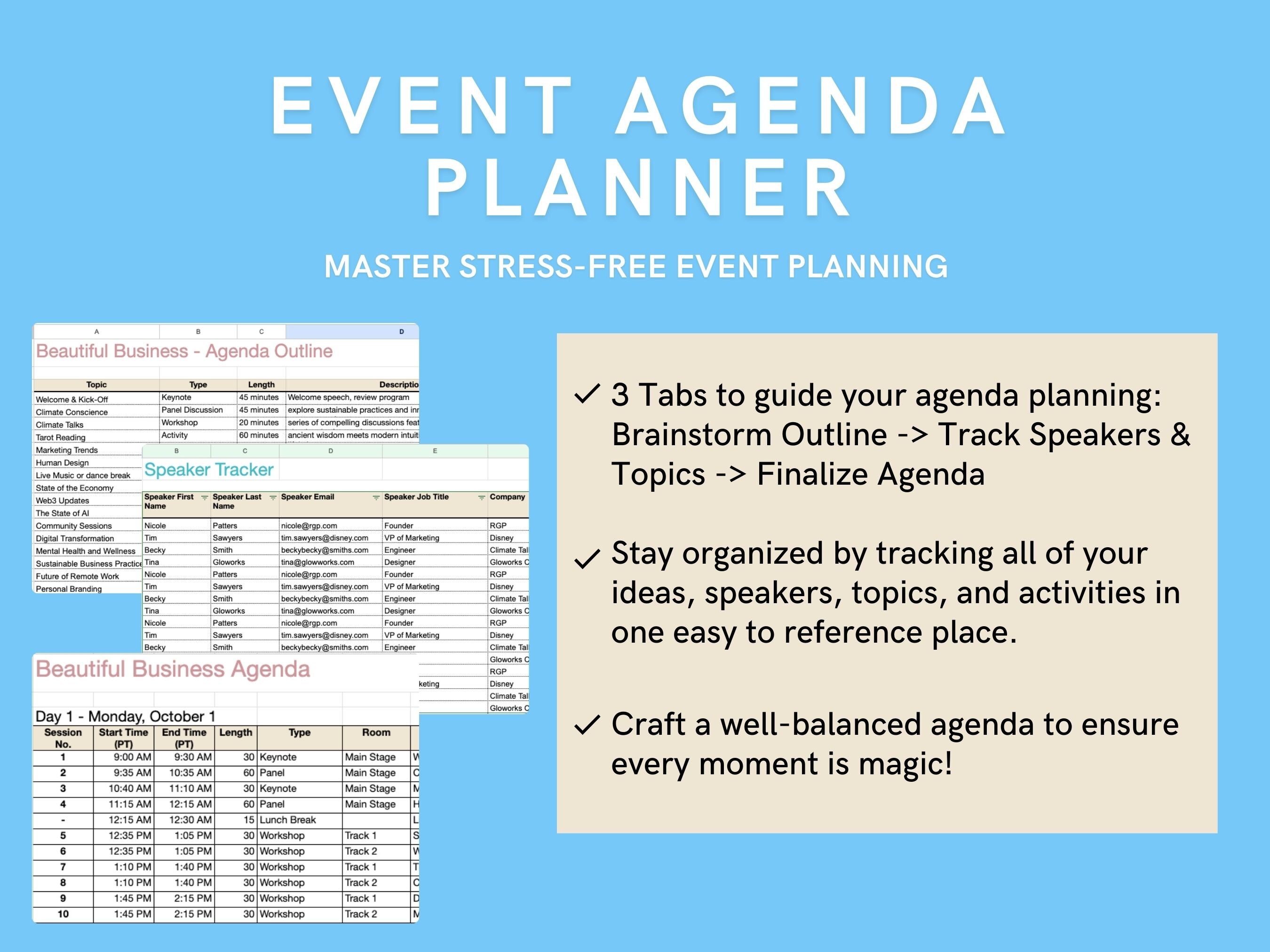 EVENT AGENDA PLANNER Template for Event Planner, Schedule, Speaker ...