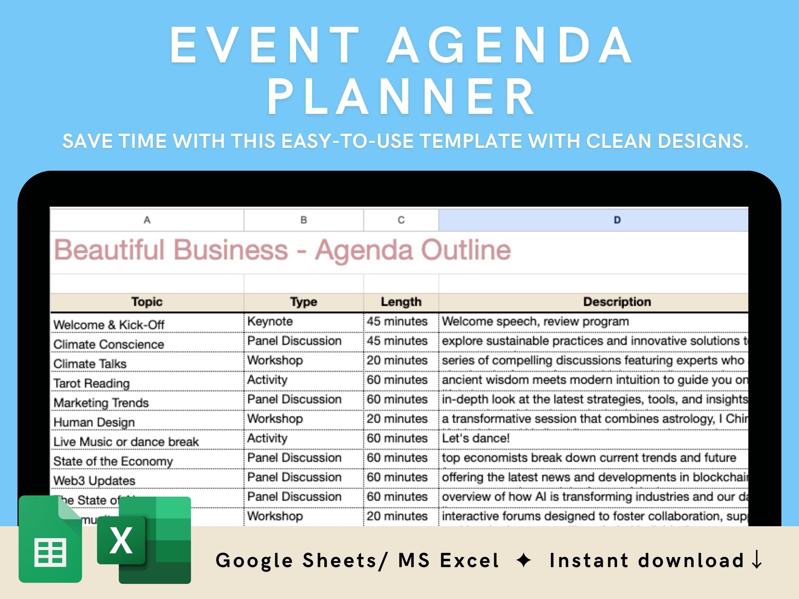 EVENT AGENDA PLANNER Template for Event Planner, Schedule, Speaker ...