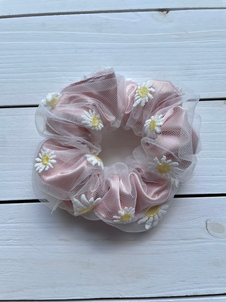 Adult Double Layer Daisy Scrunchie, Silk Lining Scrunchie, Embroidered Mesh Scrunchie, Lace ...
