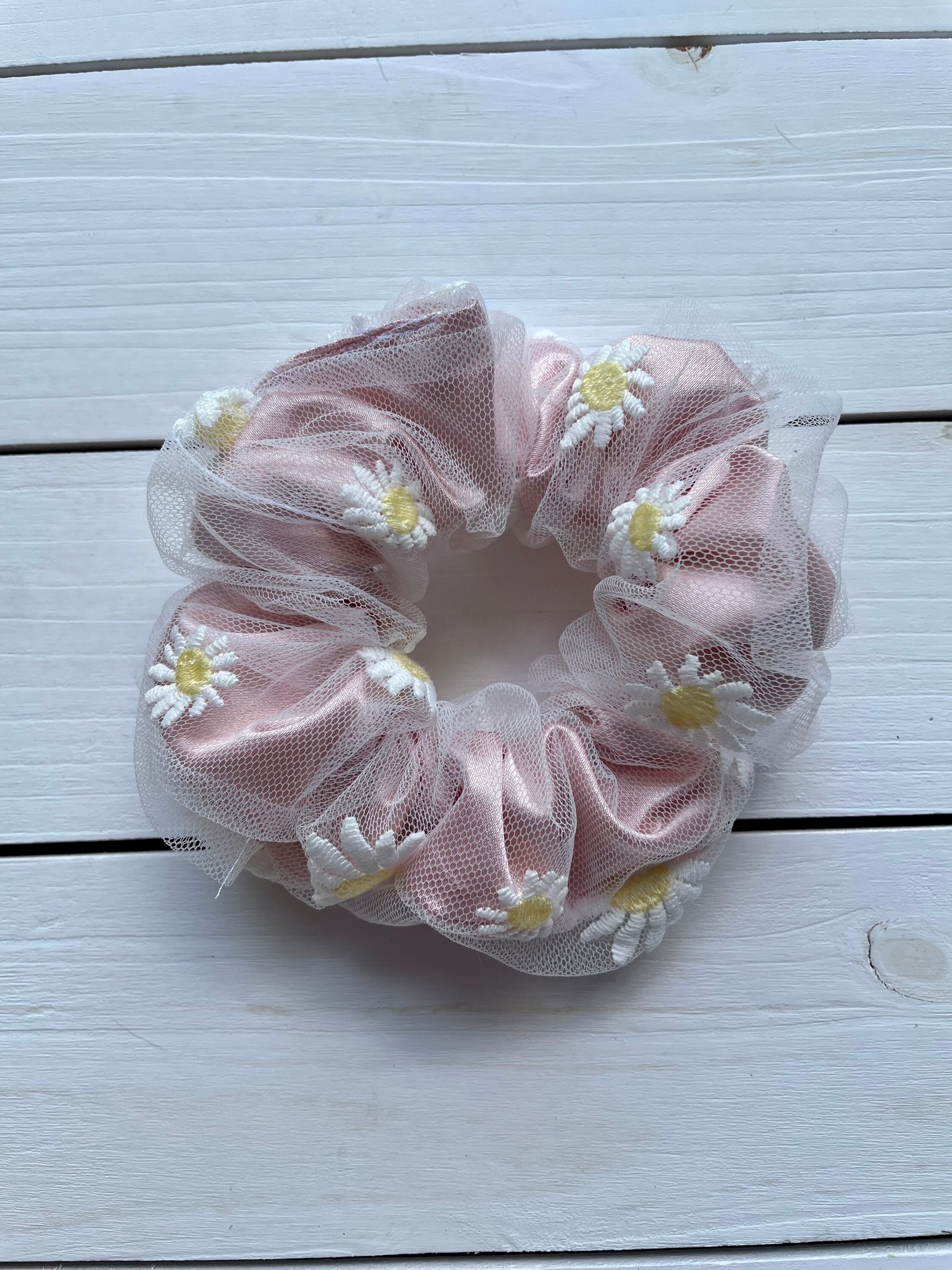 Adult Double Layer Daisy Scrunchie, Silk Lining Scrunchie, Embroidered ...