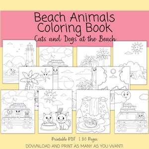 Beach Animals Coloring Book, Color Pets Cats Dogs Beach Scenes, Print ...