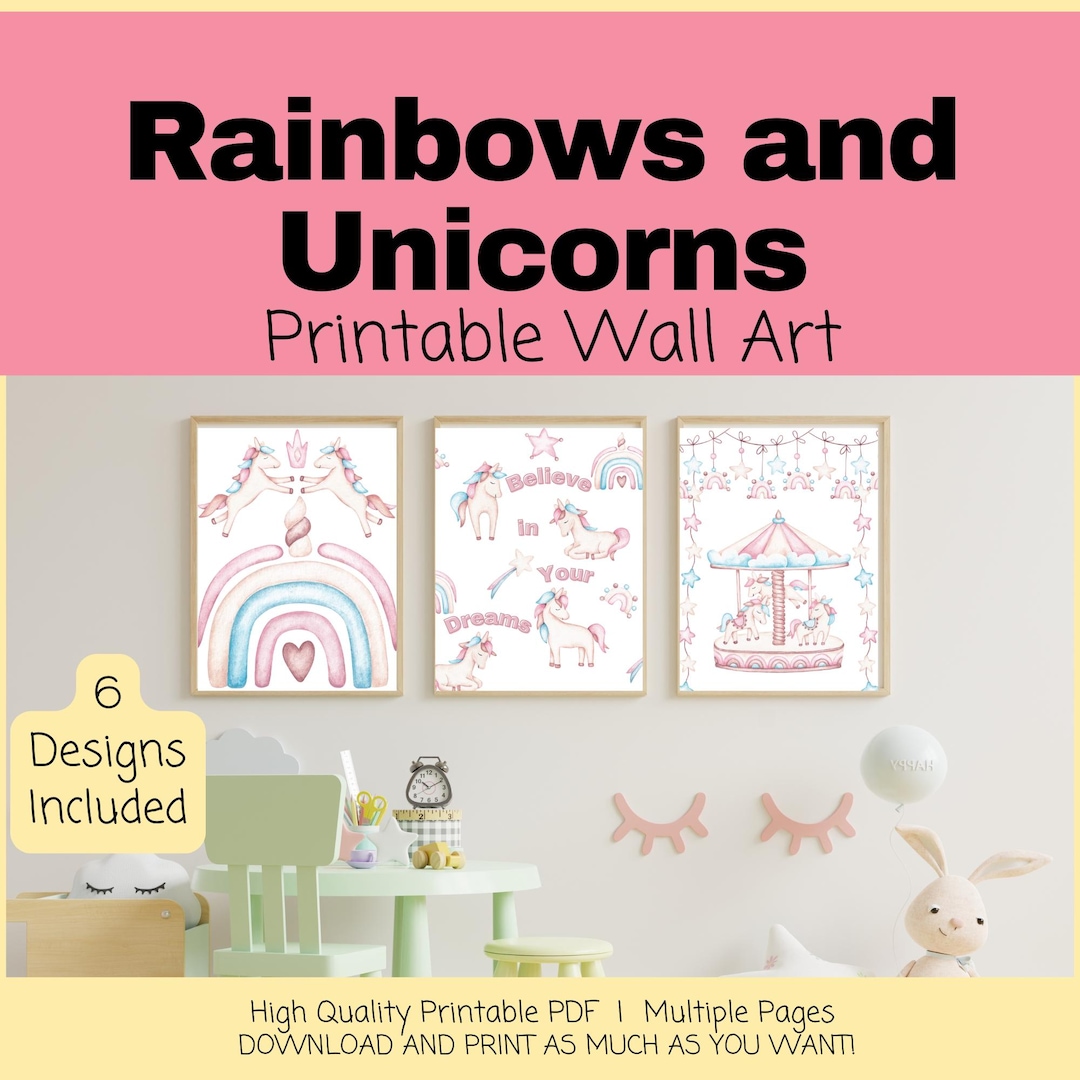 Unicorns and Rainbows Wall Art, 6 Designs Printable for Bedroom Walls ...