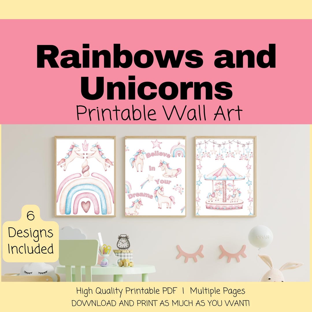 Unicorns and Rainbows Wall Art, 6 Designs Printable for Bedroom Walls ...