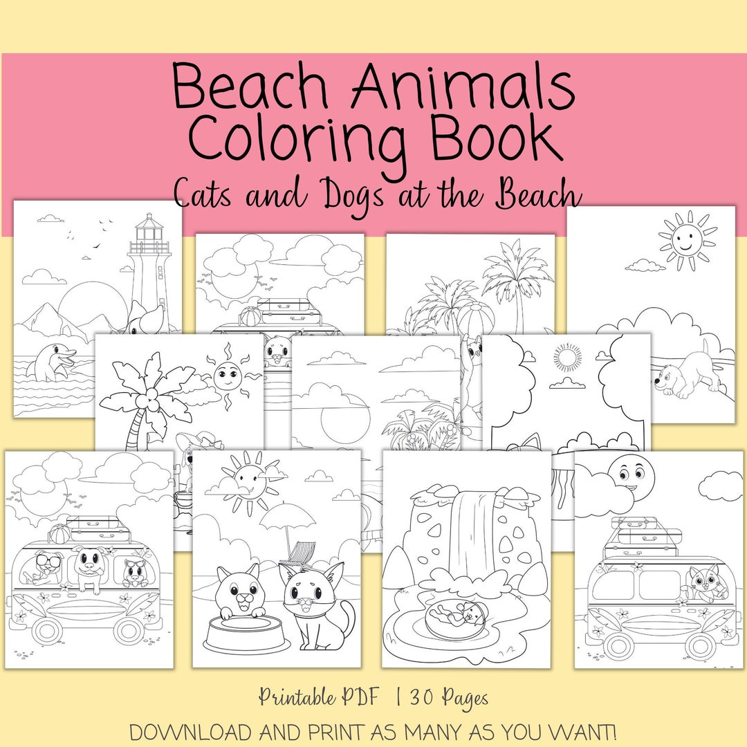 Beach Animals Coloring Book, Color Pets Cats Dogs Beach Scenes, Print ...