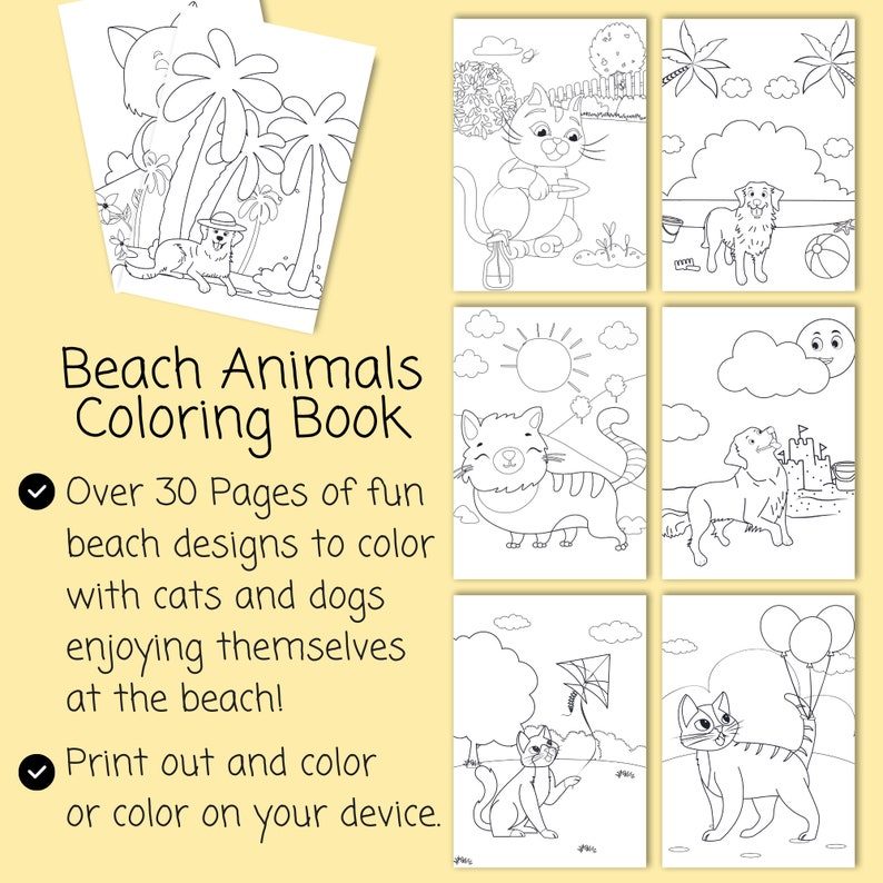 Beach Animals Coloring Book, Color Pets Cats Dogs Beach Scenes, Print ...