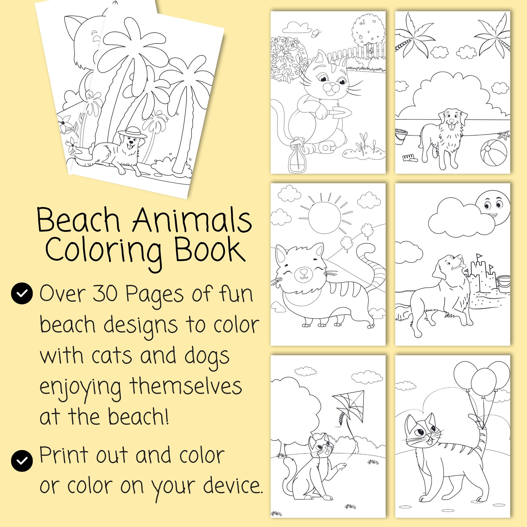 Beach Animals Coloring Book, Color Pets Cats Dogs Beach Scenes, Print ...