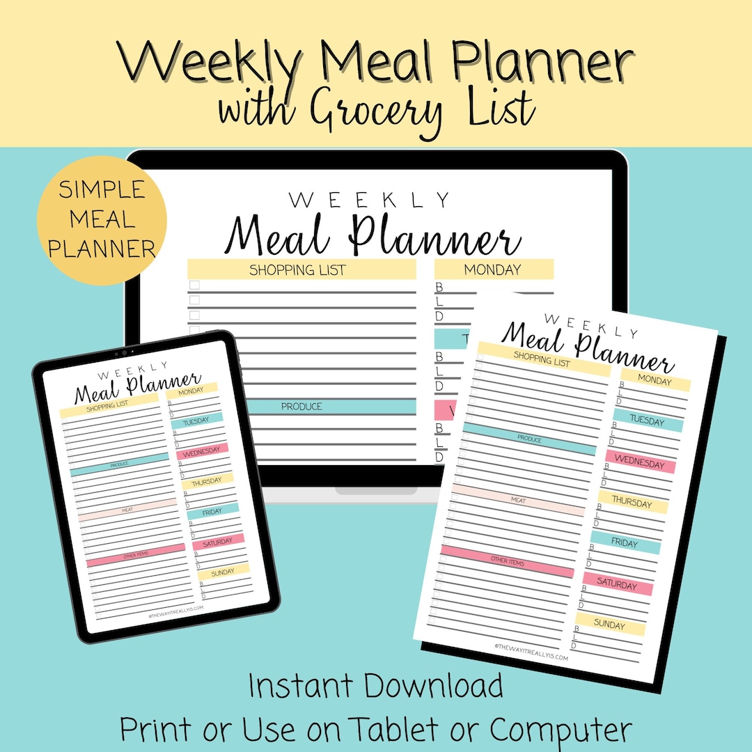 Weekly Meal Planner and Grocery List Printable, Colorful, Instant ...