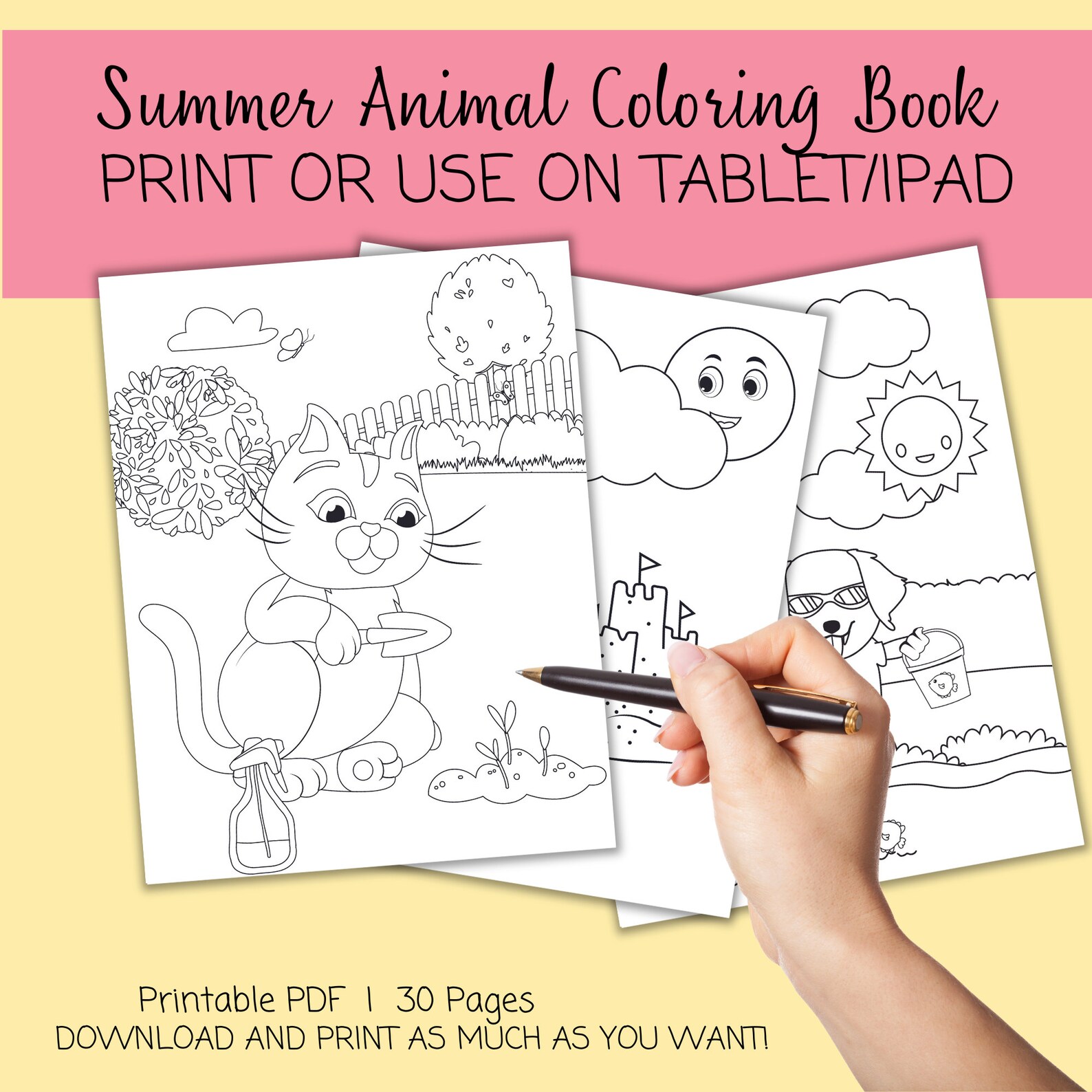 Beach Animals Coloring Book, Color Pets Cats Dogs Beach Scenes, Print ...