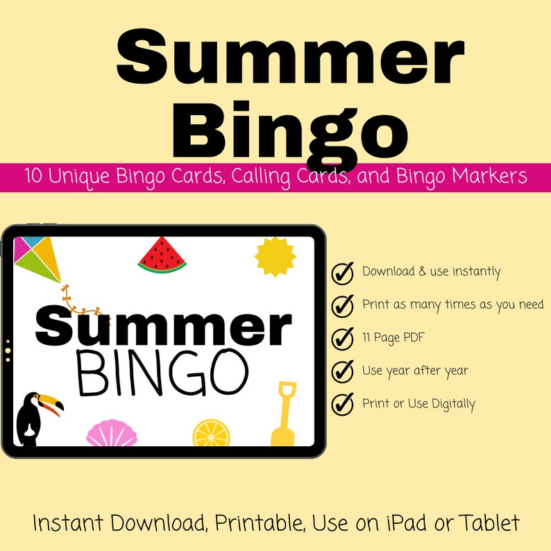 Summer Bingo Game, Summer Kids Activity, Summer Printable, Bingo Game ...