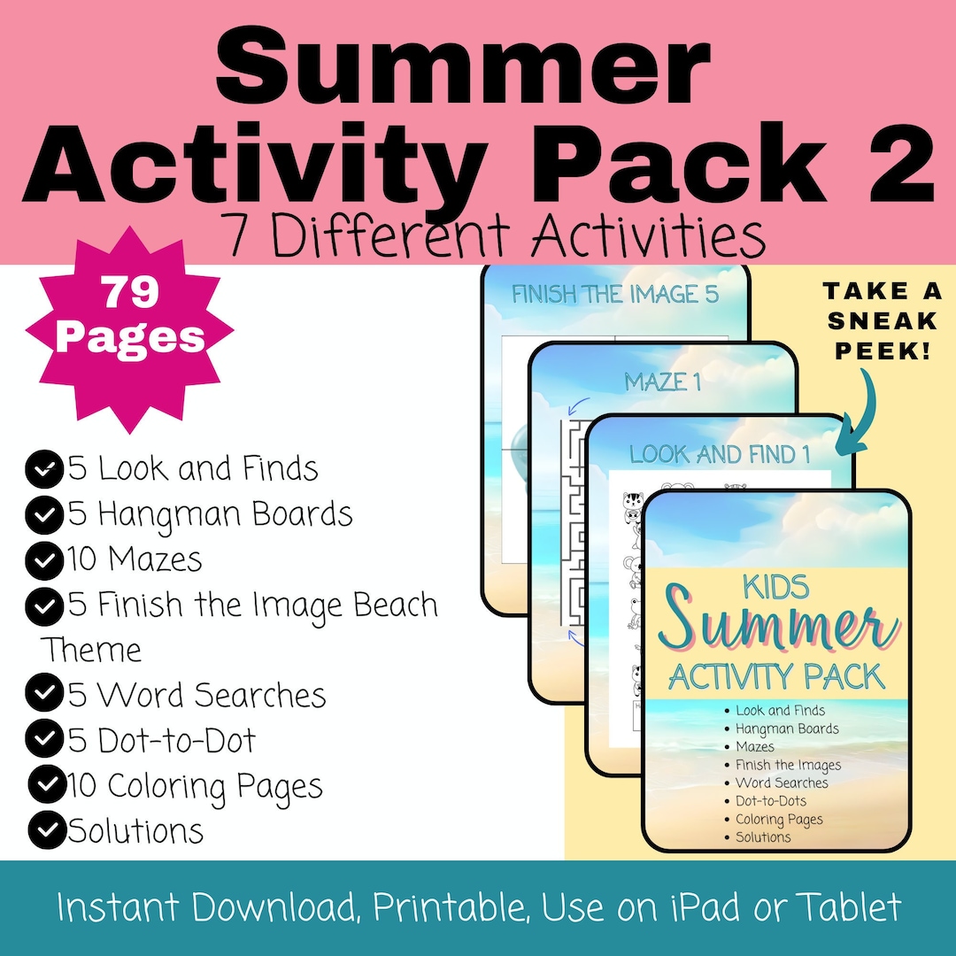 Summer Activity Pack 2, Look and Find, Hangman Boards, Mazes, Finish ...