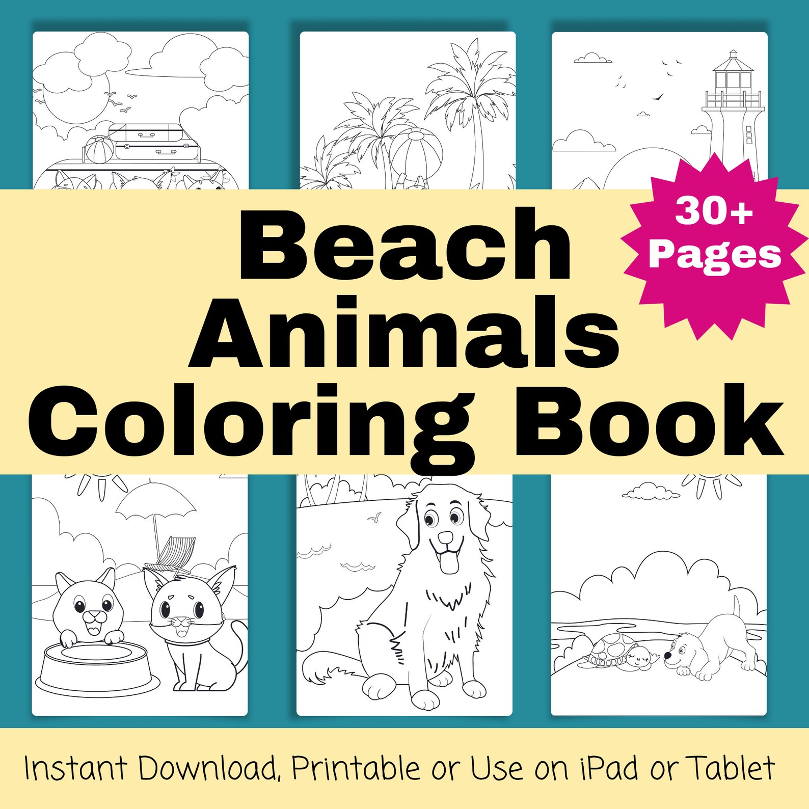 Beach Animals Coloring Book, Color Pets Cats Dogs Beach Scenes, Print ...