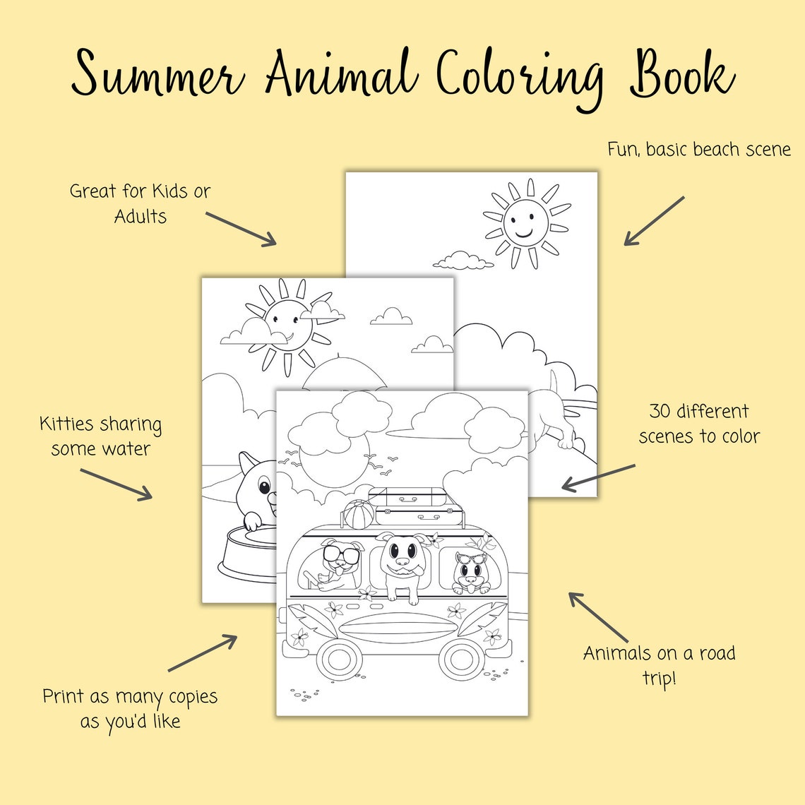 Beach Animals Coloring Book, Color Pets Cats Dogs Beach Scenes, Print ...