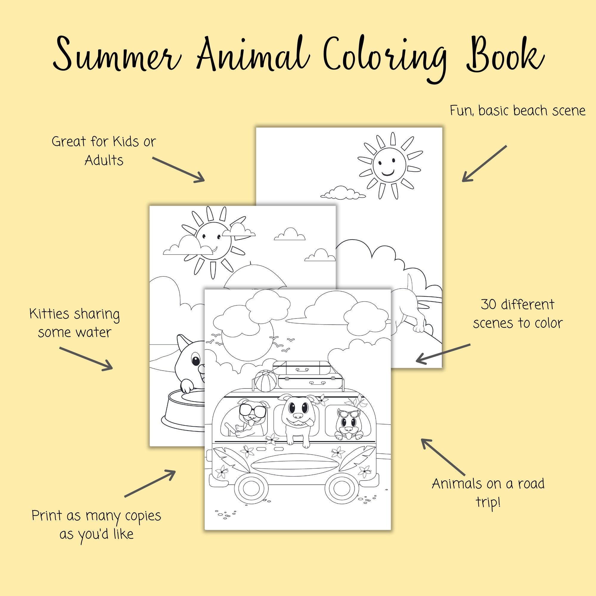 Beach Animals Coloring Book, Color Pets Cats Dogs Beach Scenes, Print ...