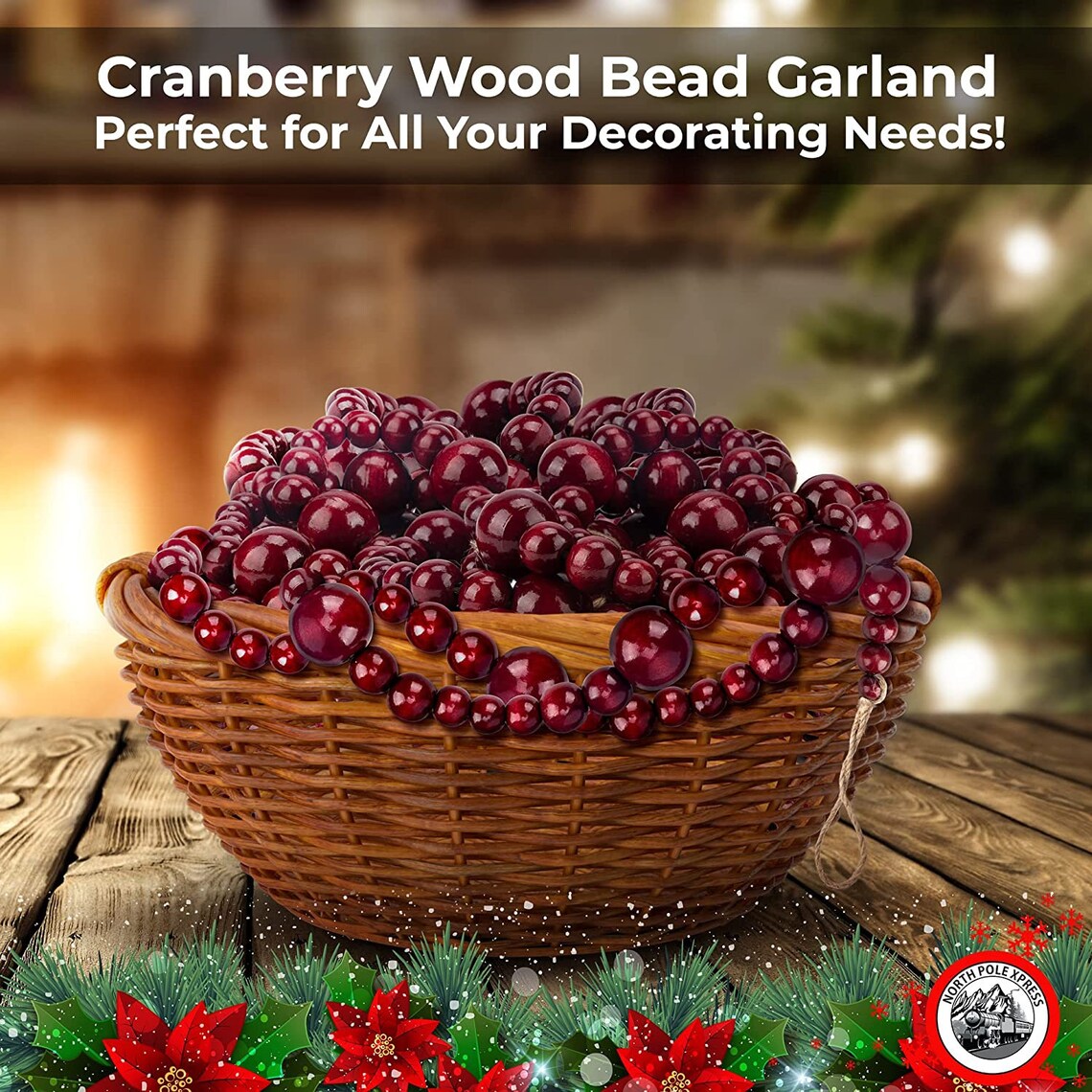 9 Foot Cranberry Burgundy Wood Bead Ball Christmas Garland | Assorted ...