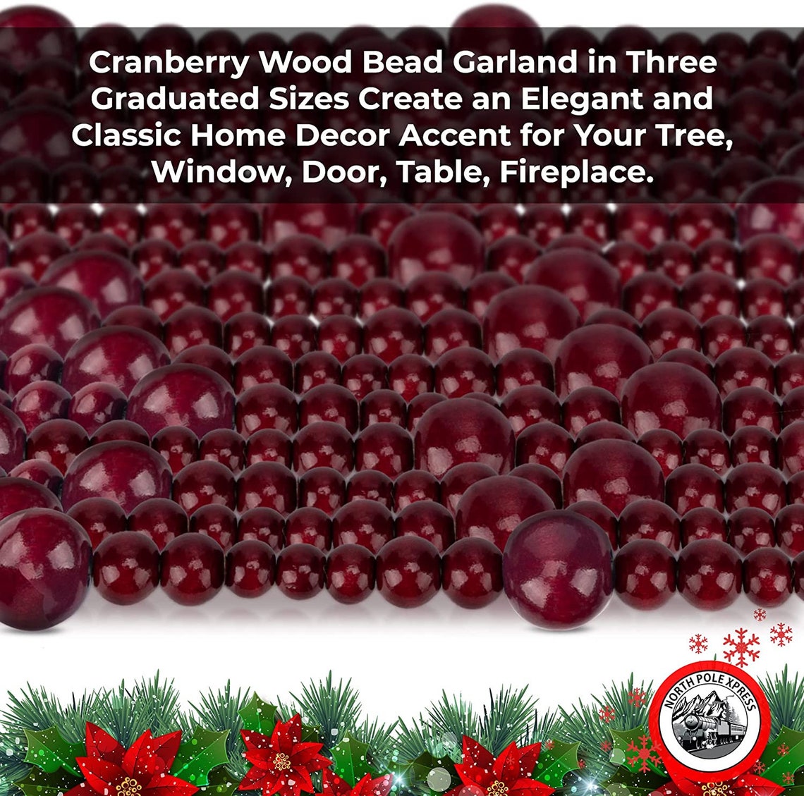 9 Foot Cranberry Burgundy Wood Bead Ball Christmas Garland | Assorted ...