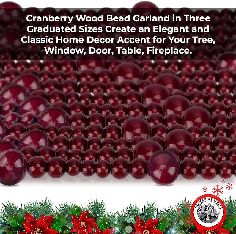 9 Foot Cranberry Burgundy Wood Bead Ball Christmas Garland | Assorted ...