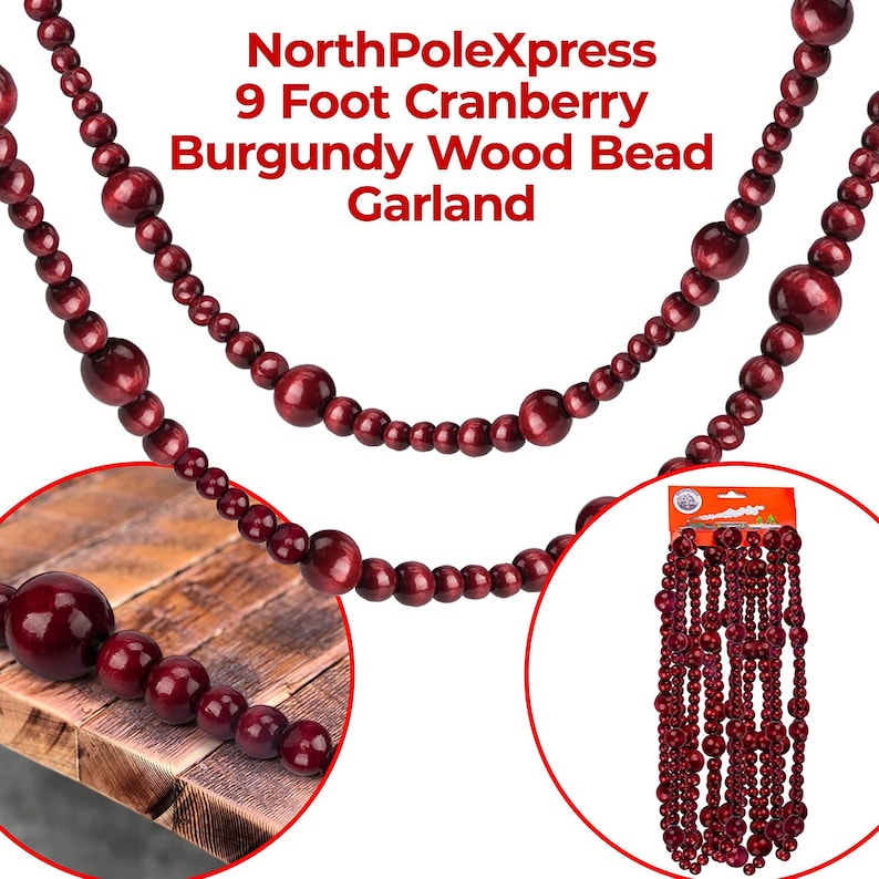 9 Foot Cranberry Burgundy Wood Bead Ball Christmas Garland | Assorted ...