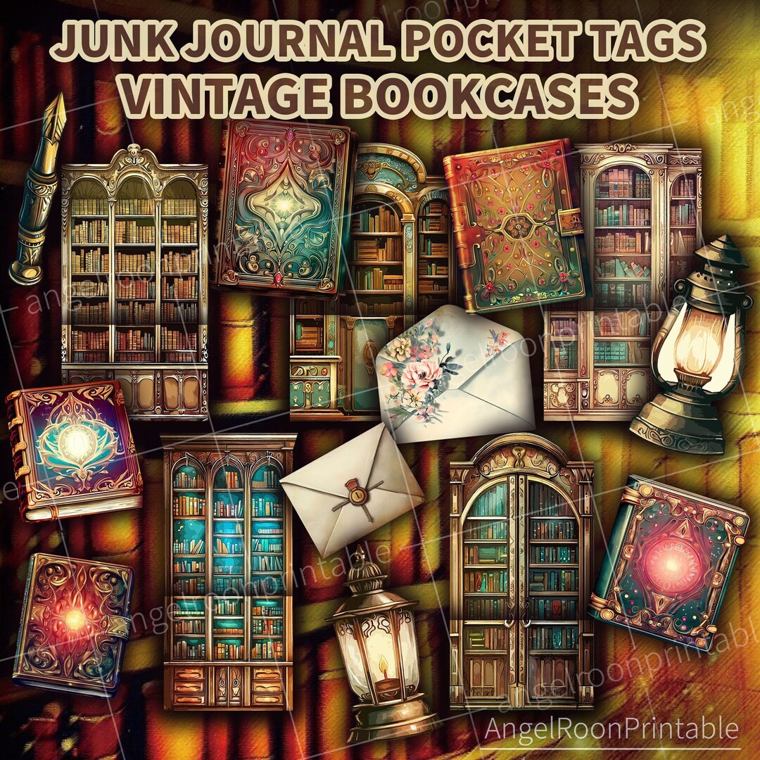 Vintage Junk Journal Pocket Tags, Bookcases, Bookshelf, Shelf, Magic ...