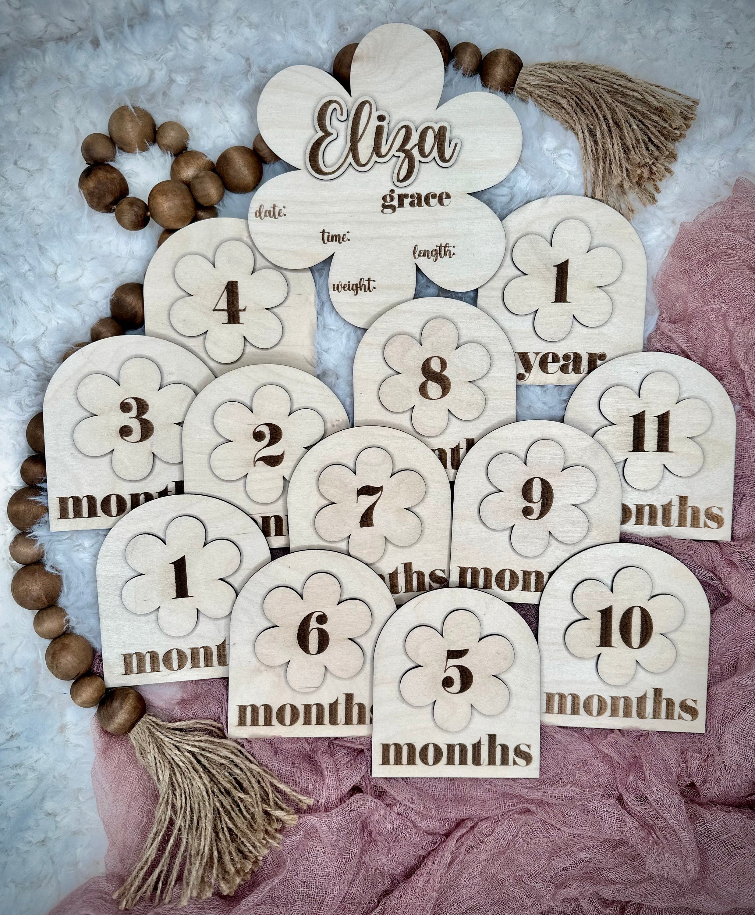 Baby Monthly Milestone Disc Set, Wooden Flower Baby Milestone Disc ...