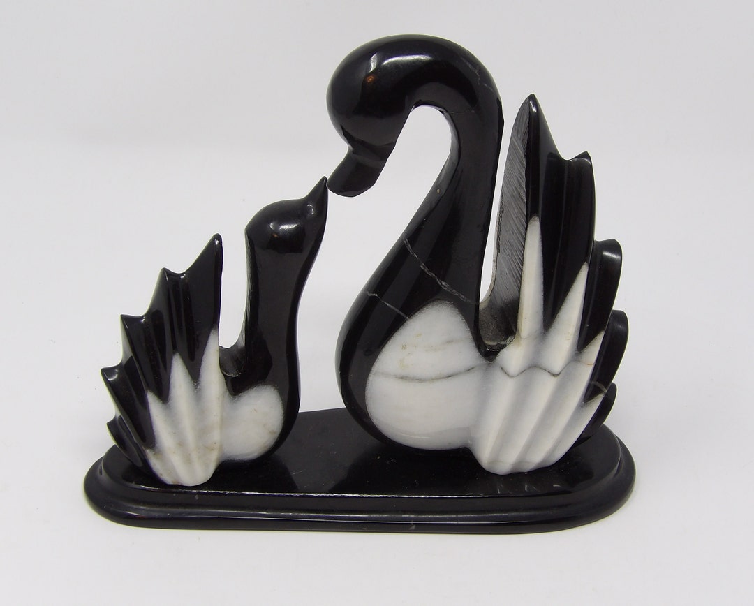 Antique Art Deco Black & White Marble Swans Statues Figures 8" W X 7" H ...