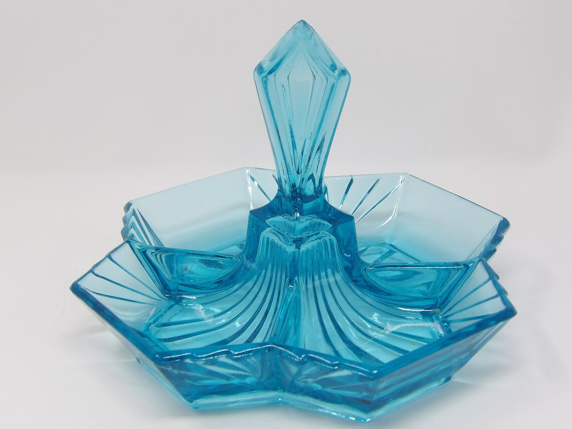 Vintage Tiara Indiana Glass Blue Art Deco Pyramid Handled 4 - Etsy