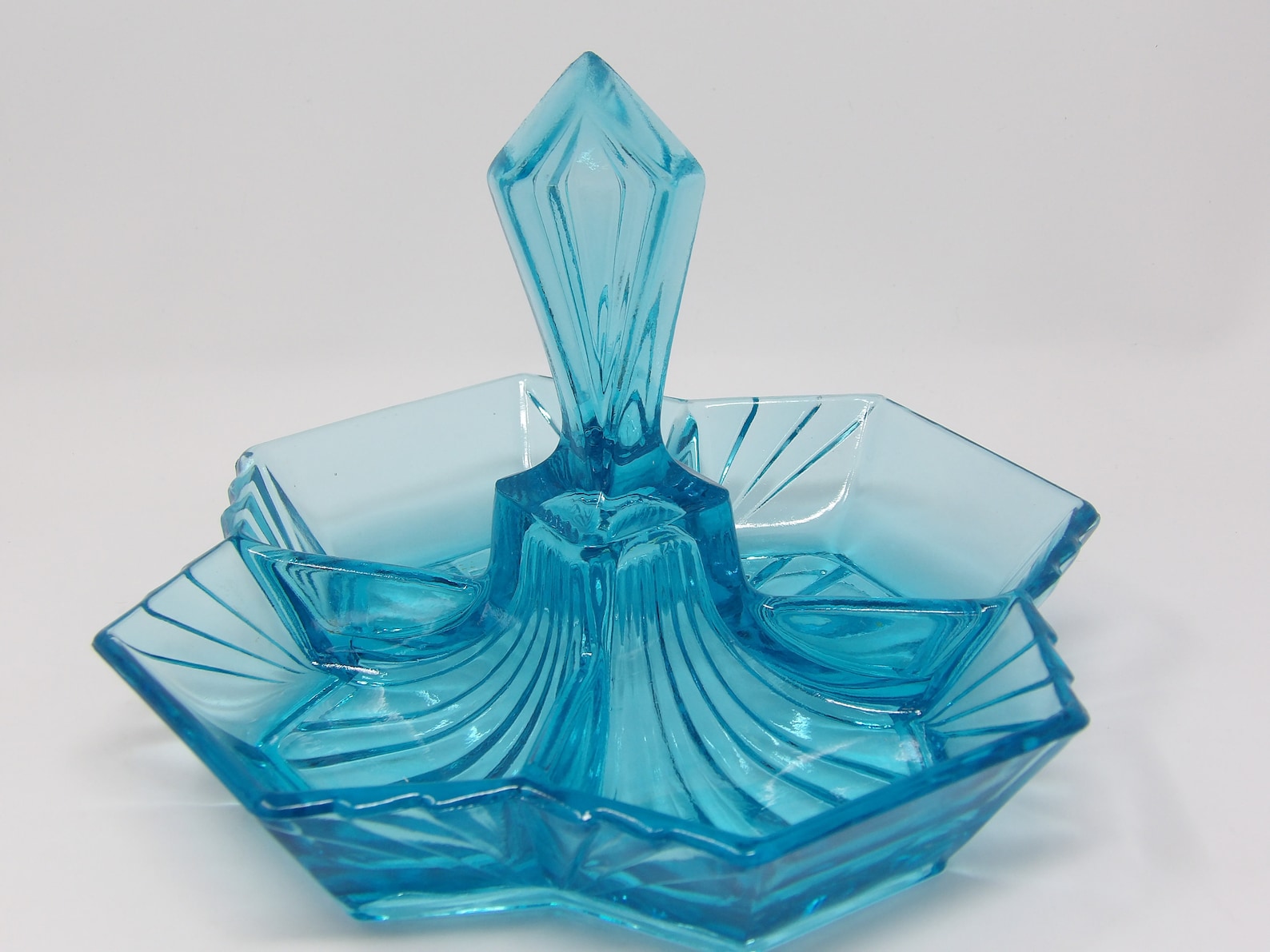 Vintage Tiara Indiana Glass Blue Art Deco Pyramid Handled 4 Part Relish ...