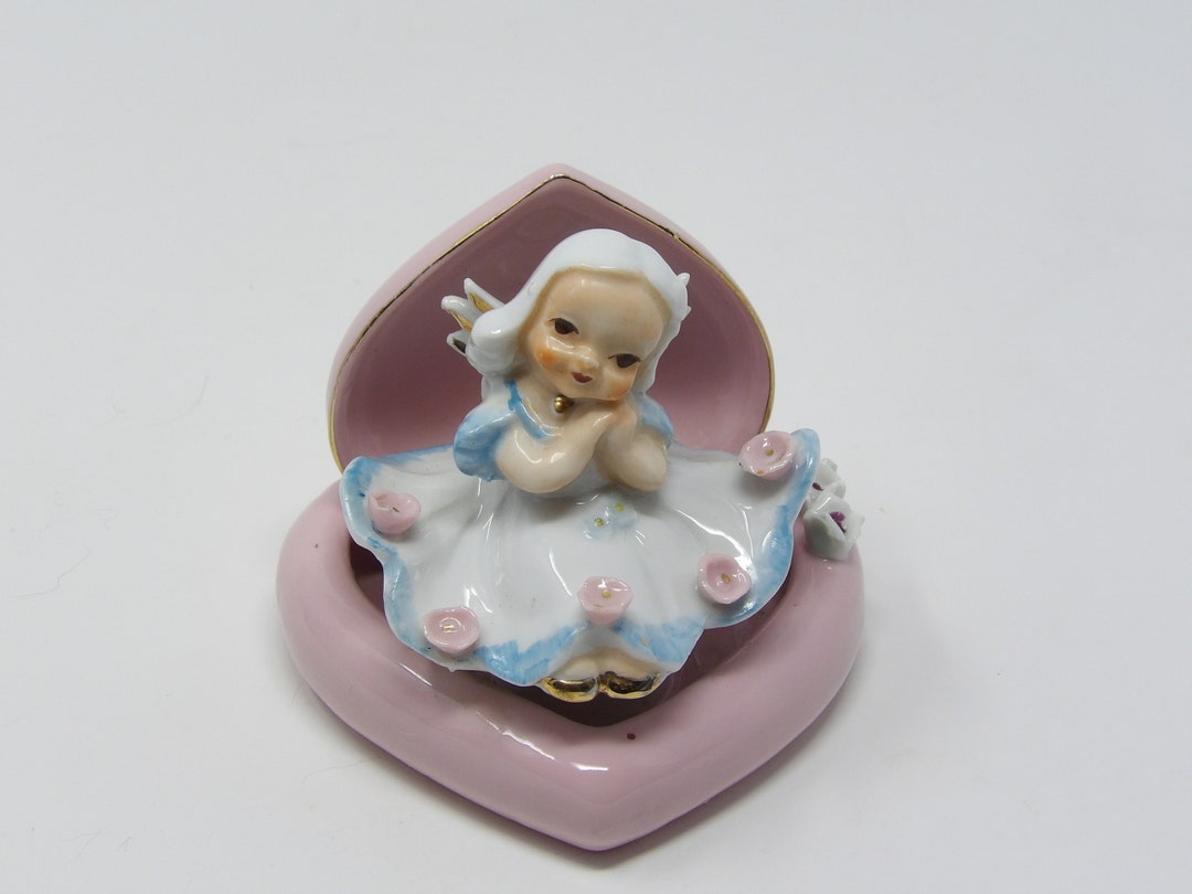 Vintage Figurine Angel Girl Sitting in Pink Heart Gold Rim White Hair ...