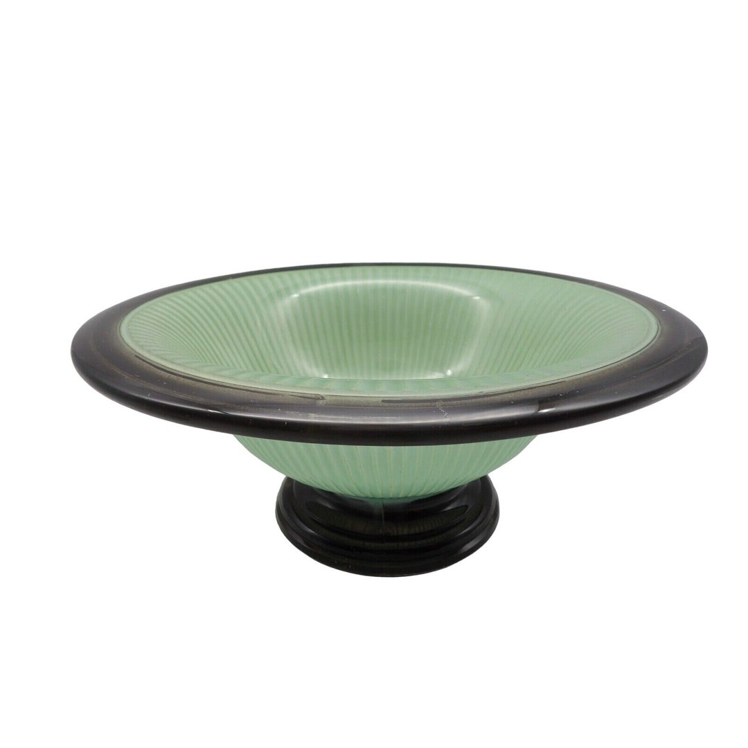 Vintage Art Deco Green and Black Flash Glass Ribbed Fluted Footed Bowl ...