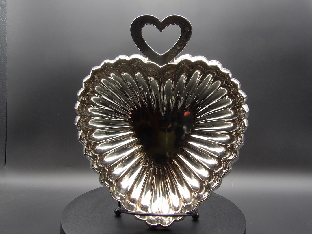 Vintage Godinger Silver Toned Double Heart Scalloped Edge Dish Bowl 9 ...