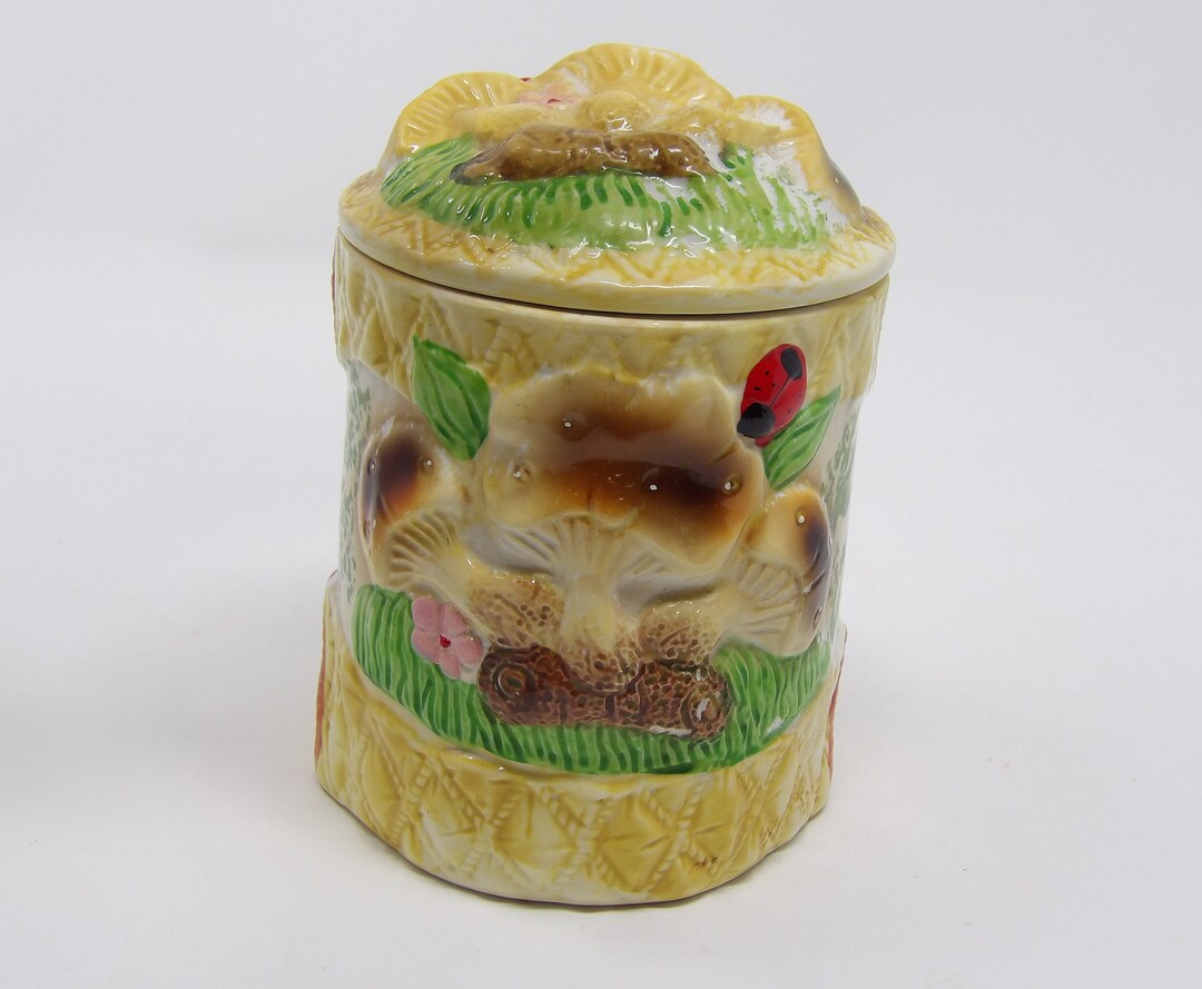 Vintage Yellow Canister Jar With Brown Mushrooms Red Ladybug Pink ...