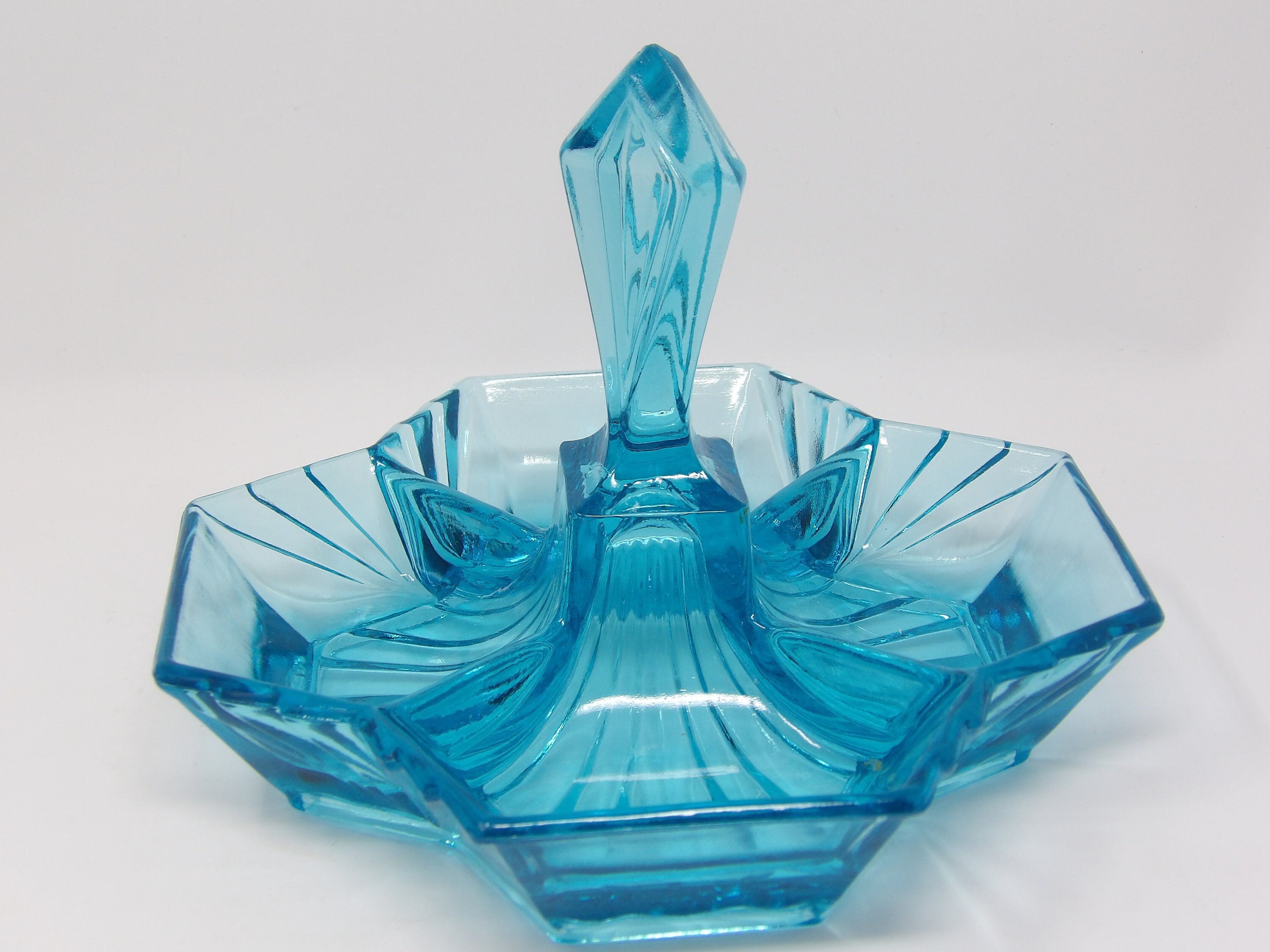 Vintage Tiara Indiana Glass Blue Art Deco Pyramid Handled 4 Part Relish ...